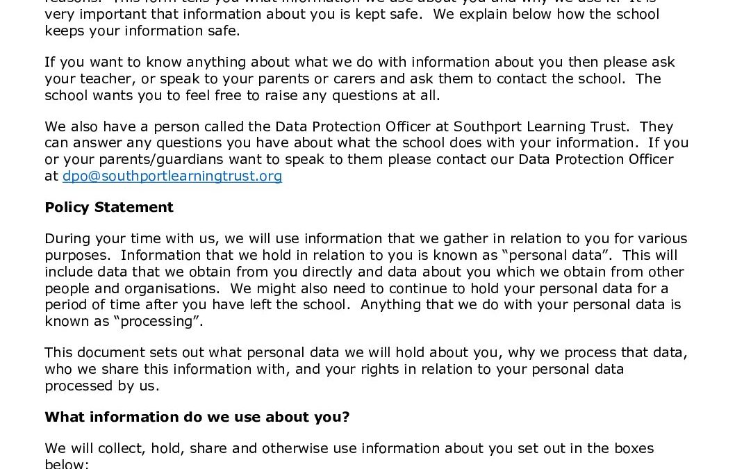 GHS Pupil Privacy Notice | Greenbank High School